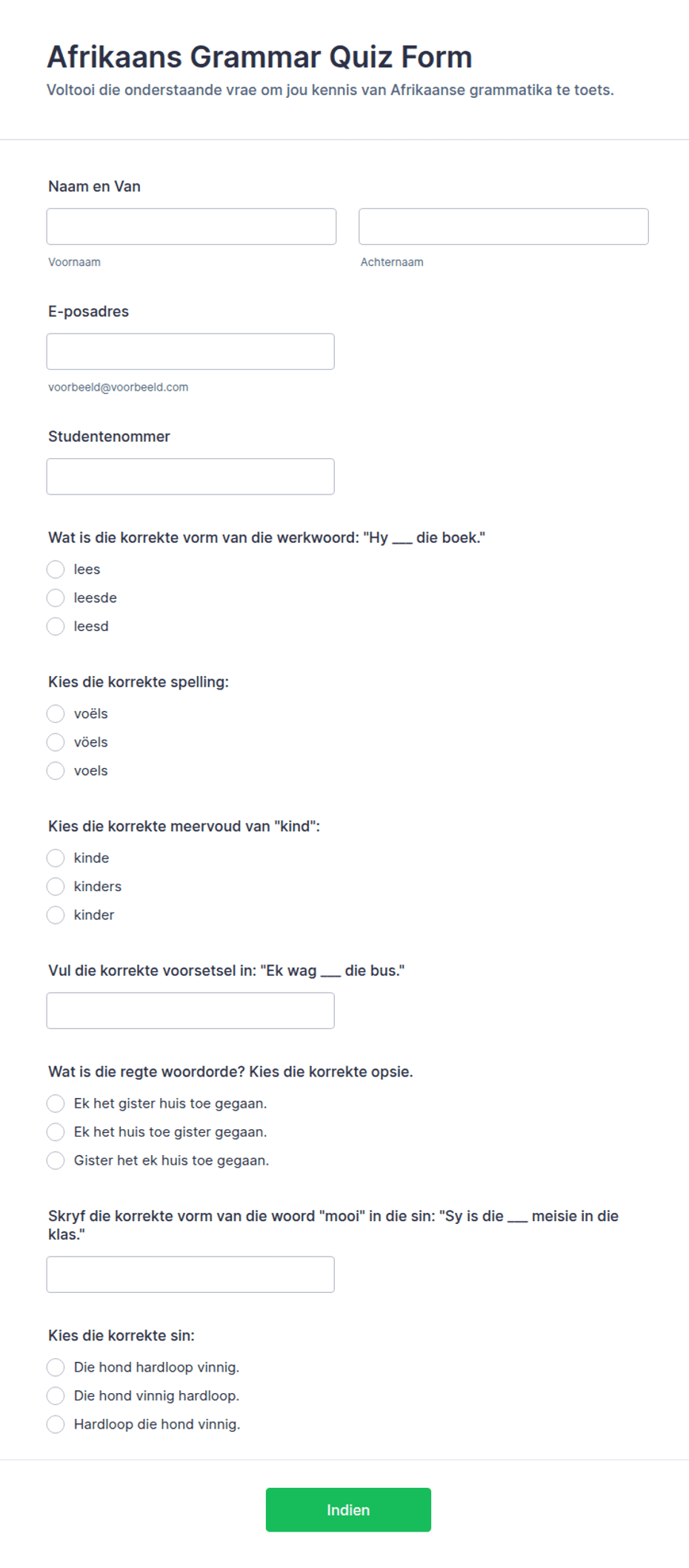 Afrikaans Grammar Quiz Form Template | Jotform