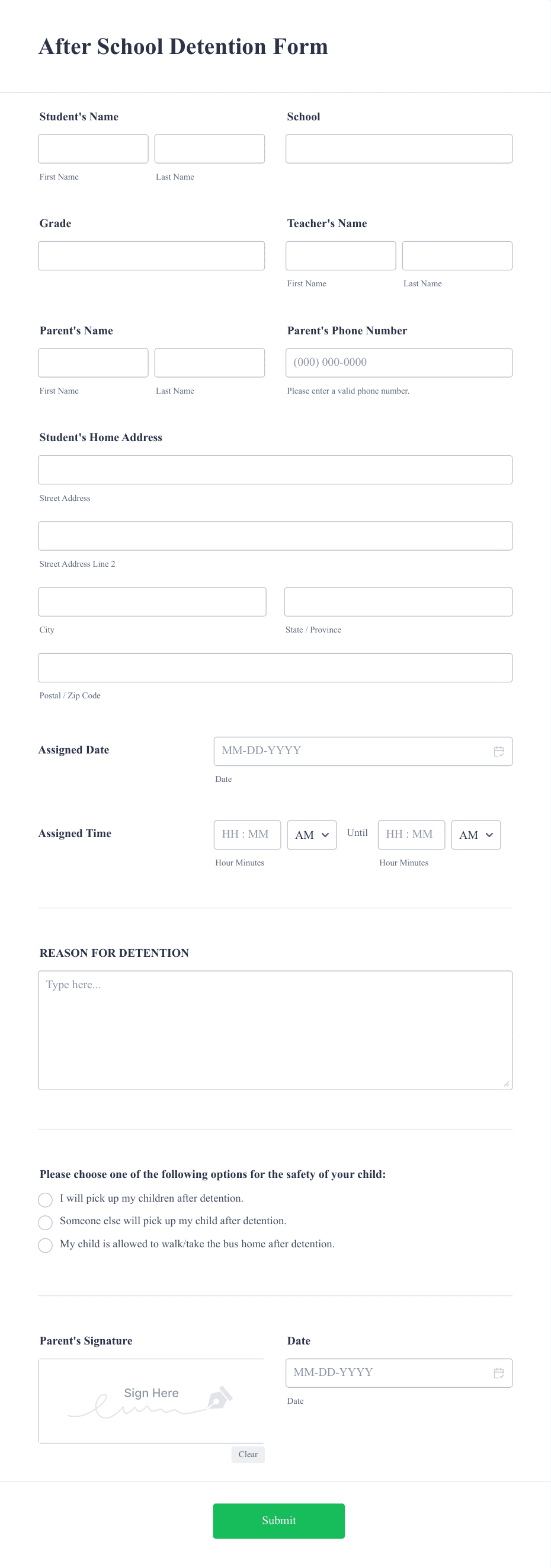 After School Detention Form Template | Jotform