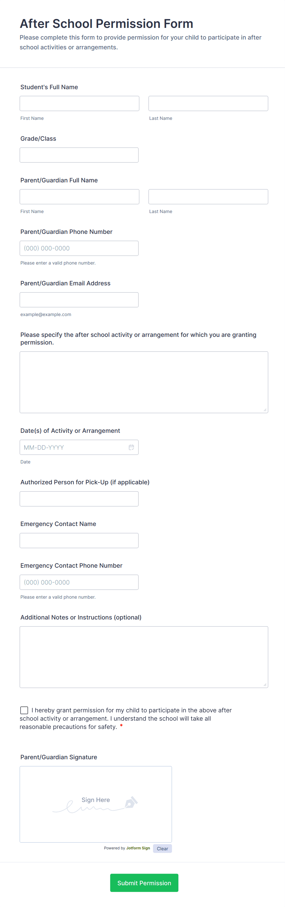 After School Permission Form Template | Jotform