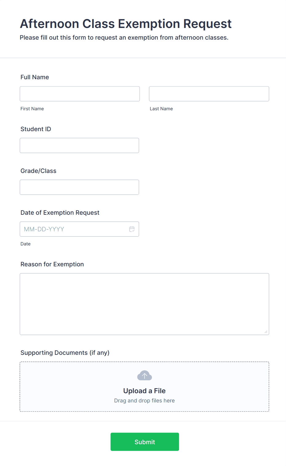 Afternoon Class Exemption Request Form Template | Jotform