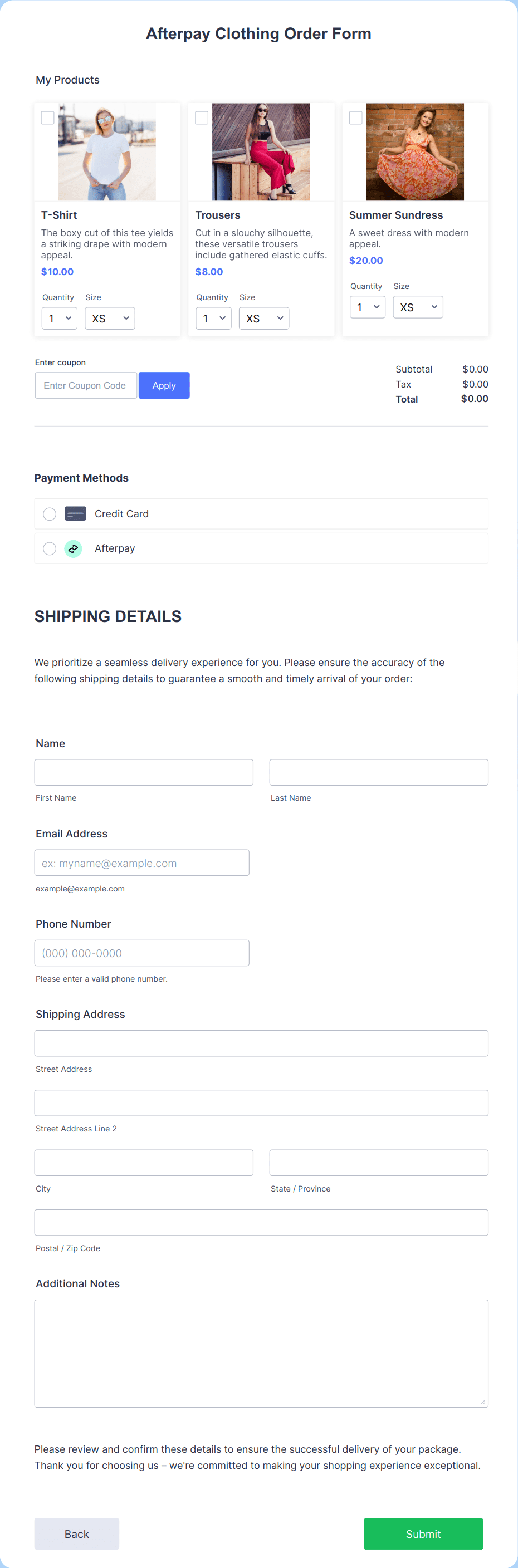 Afterpay Clothing Order Form Template | Jotform