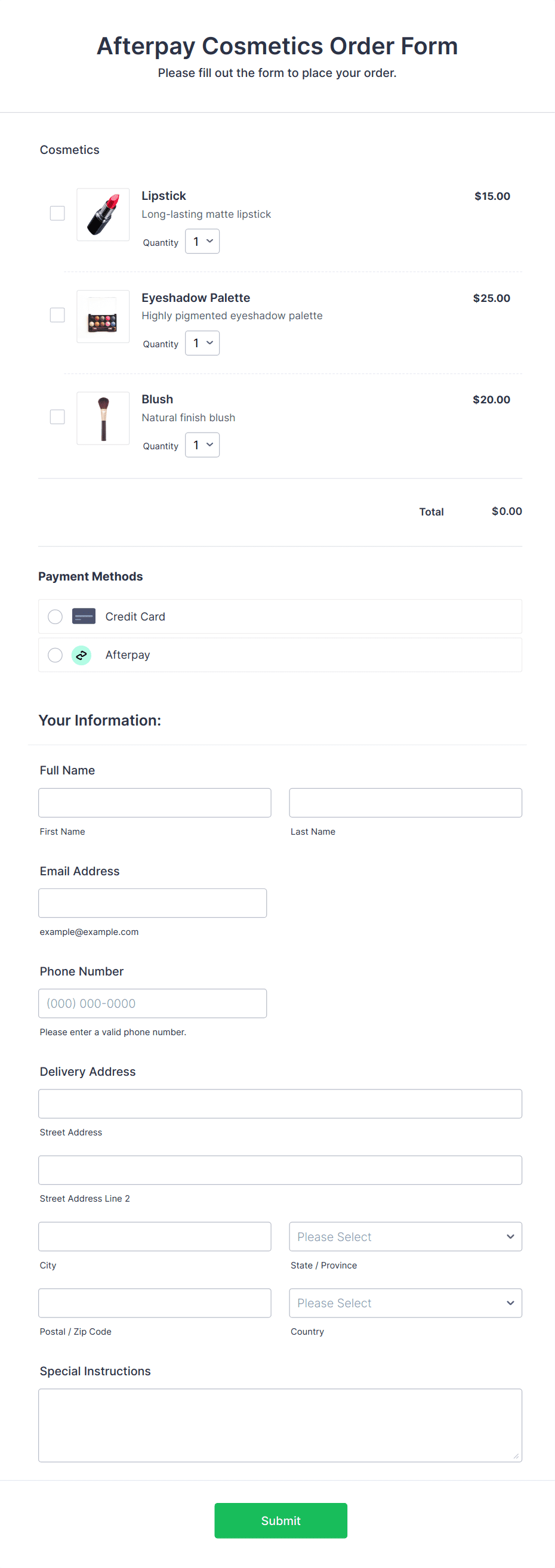 Afterpay Cosmetics Order Form Template | Jotform
