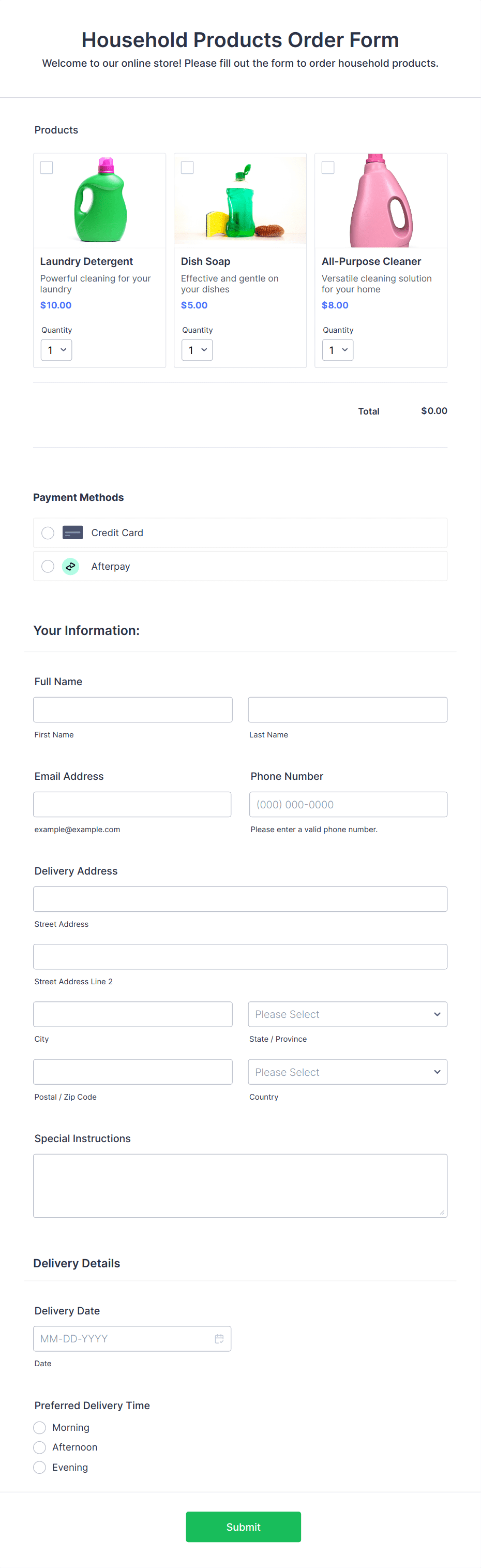 Afterpay Household Products Order Form Template | Jotform