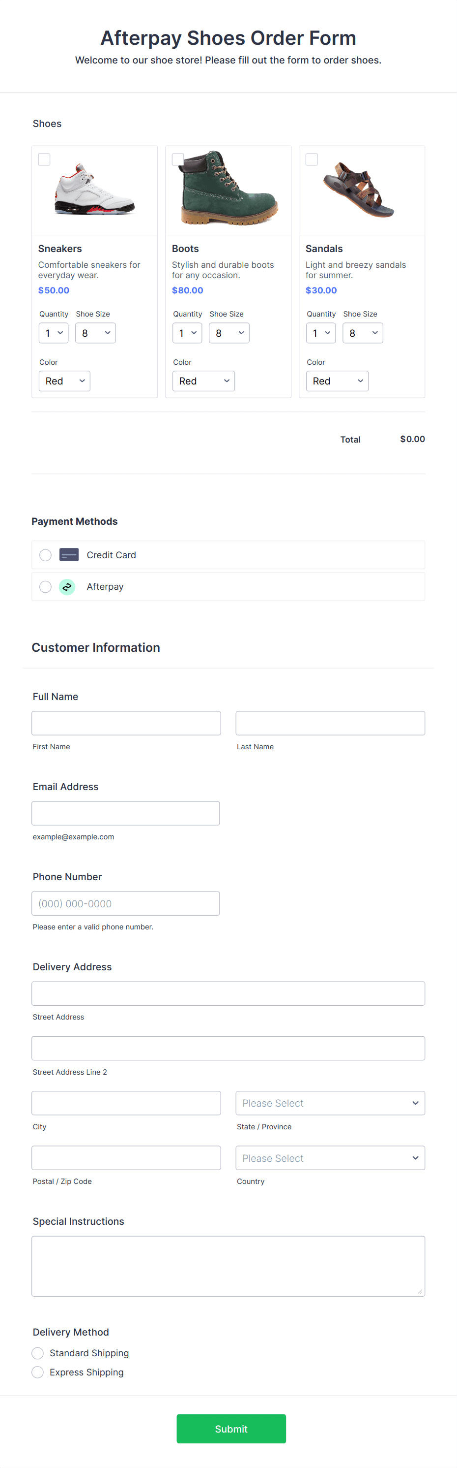 Afterpay Shoes Order Form Template | Jotform