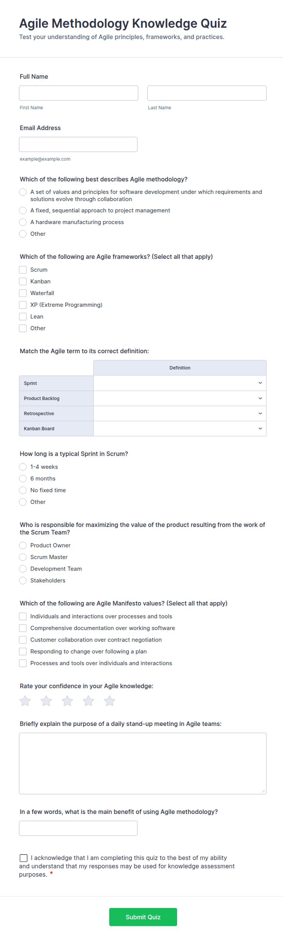 Agile Methodology Knowledge Quiz Form Template | Jotform