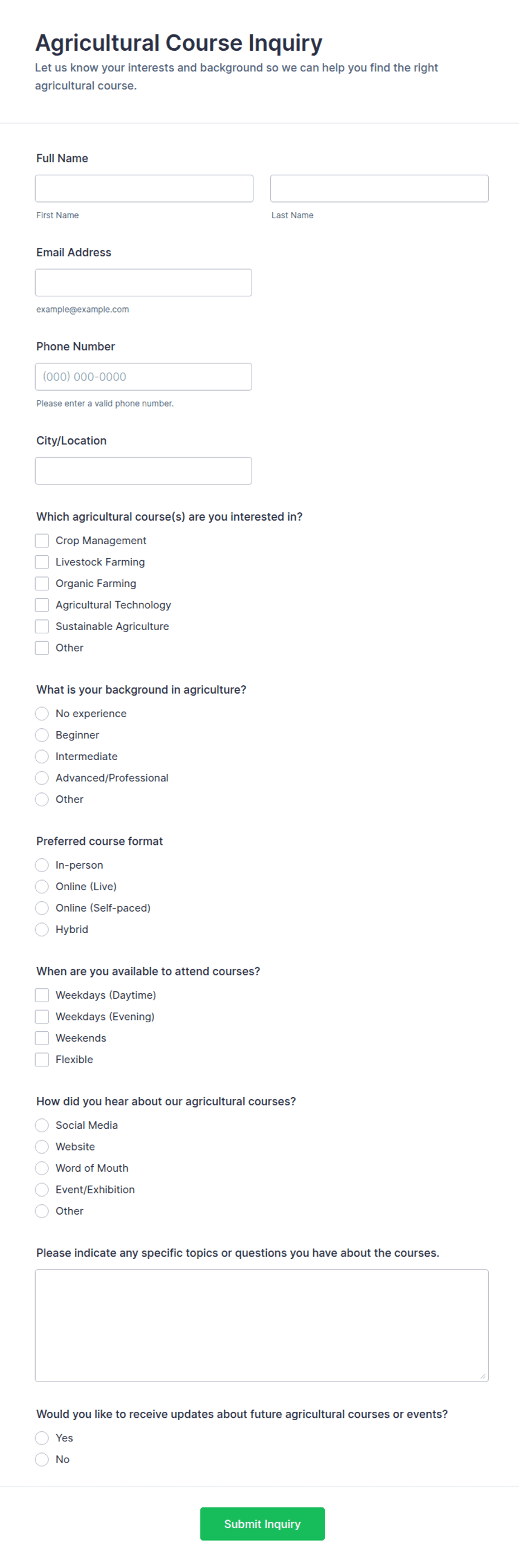 Agricultural Course Inquiry Form Template | Jotform