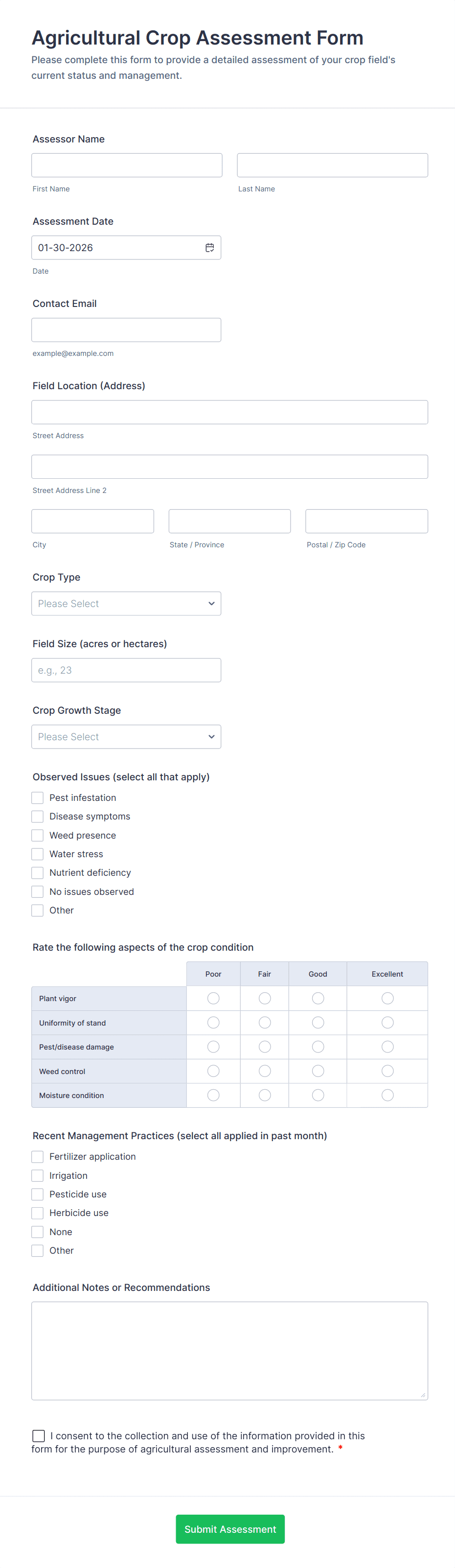 Agricultural Crop Assessment Form Template | Jotform