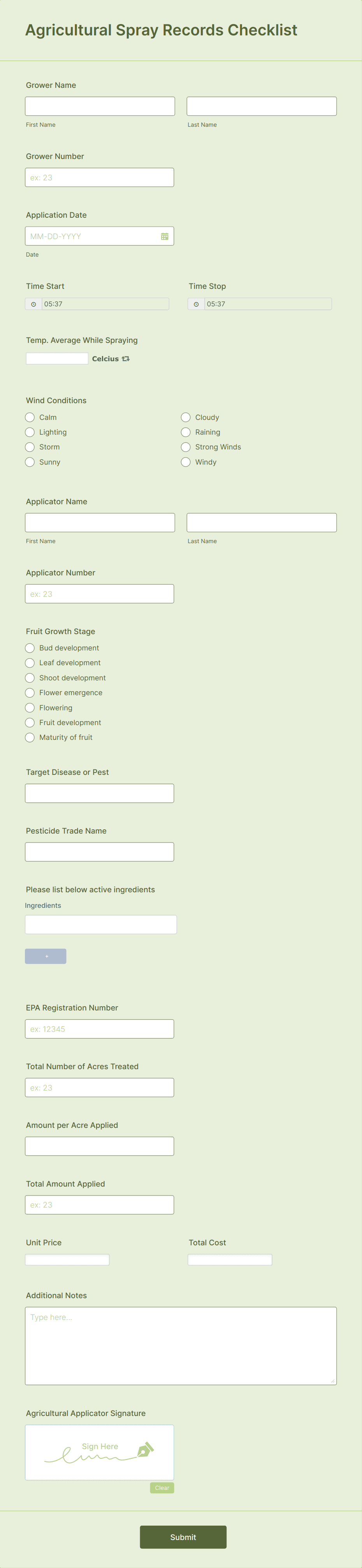 Agricultural Spray Records Checklist Form Template | Jotform