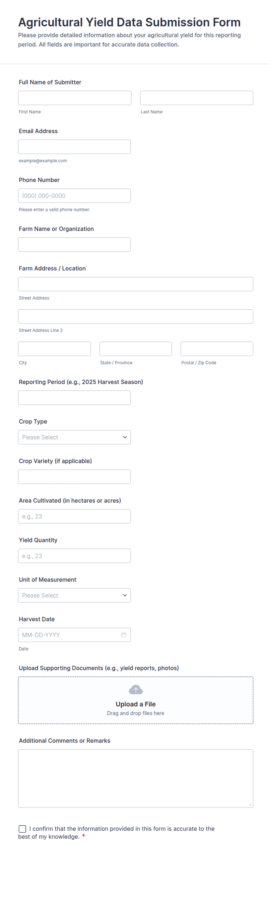 Agricultural Yield Data Submission Form Template | Jotform
