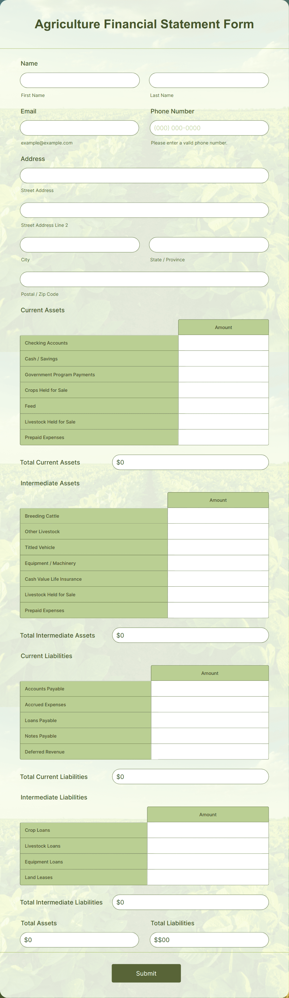 Agriculture Financial Statement Form Template | Jotform