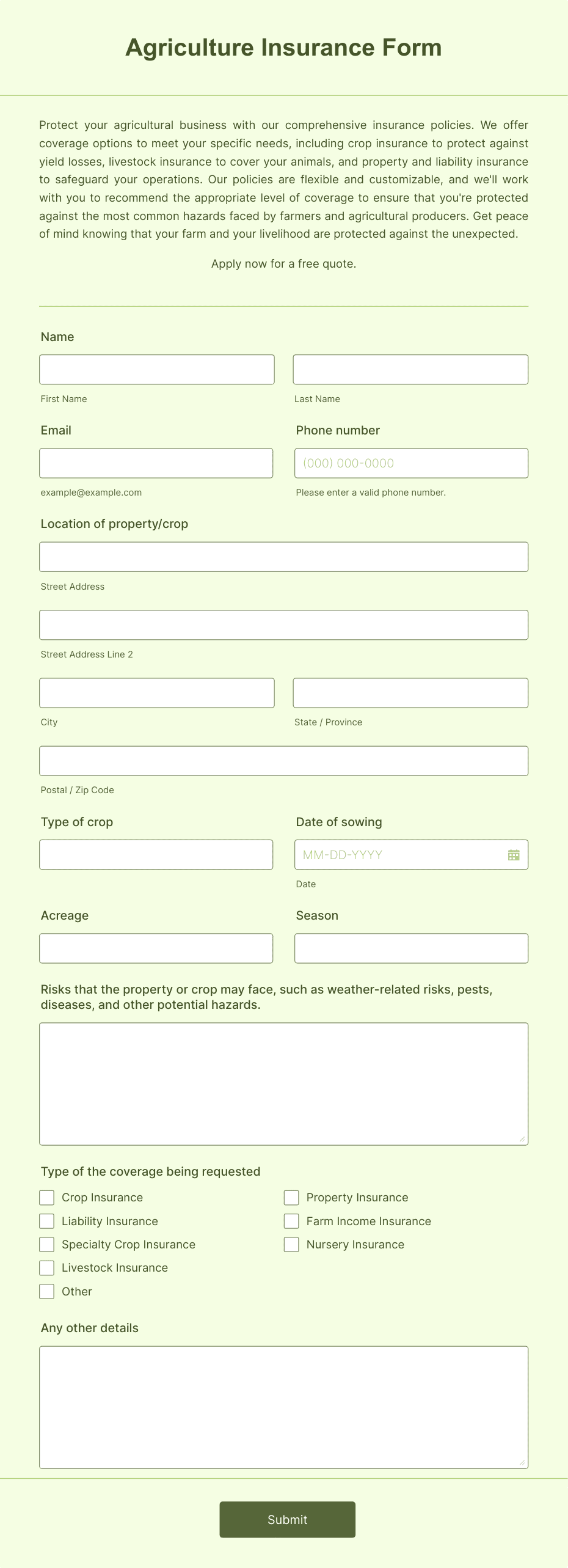 Agriculture Insurance Form Template | Jotform