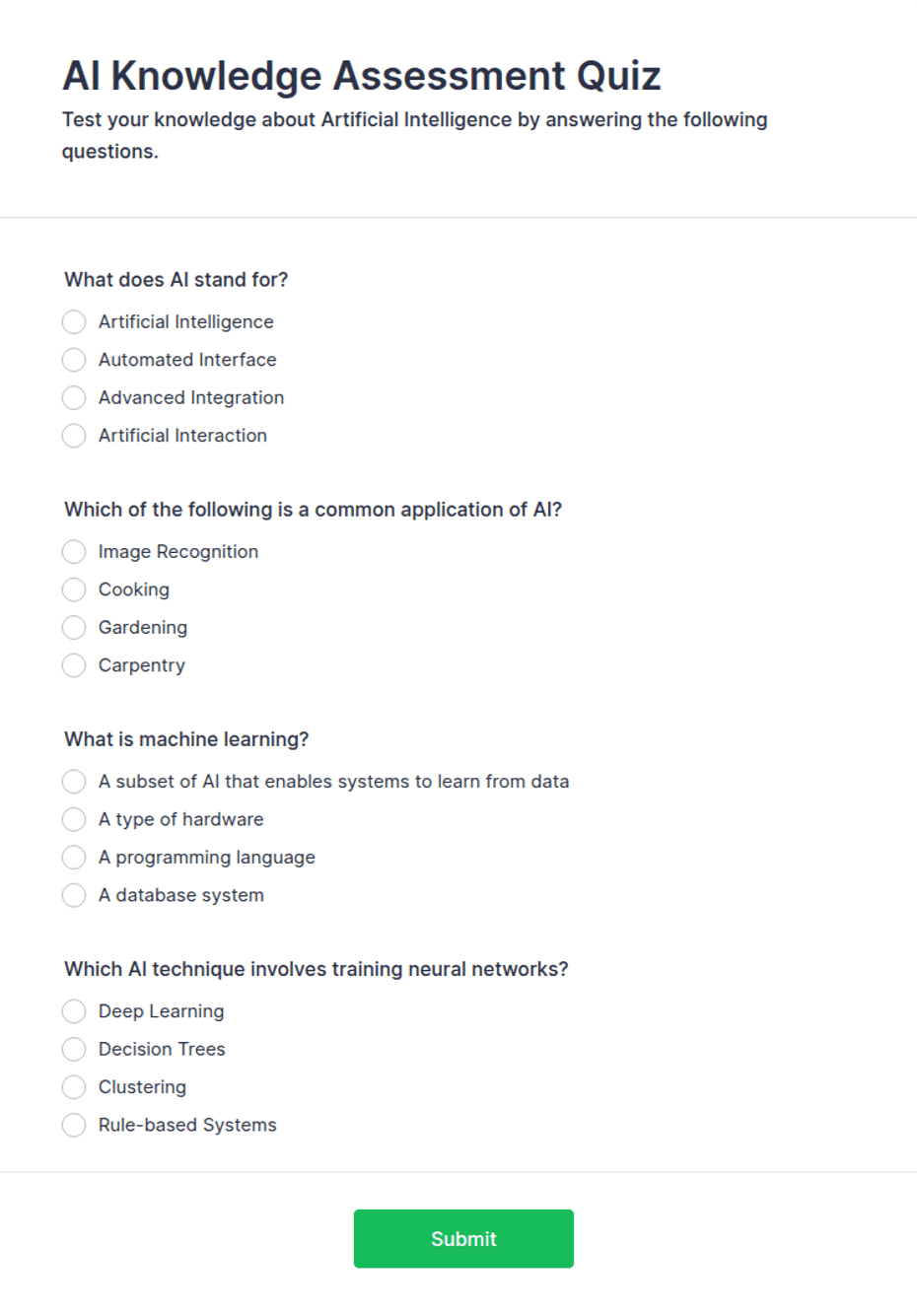 AI Knowledge Assessment Quiz Form Template | Jotform