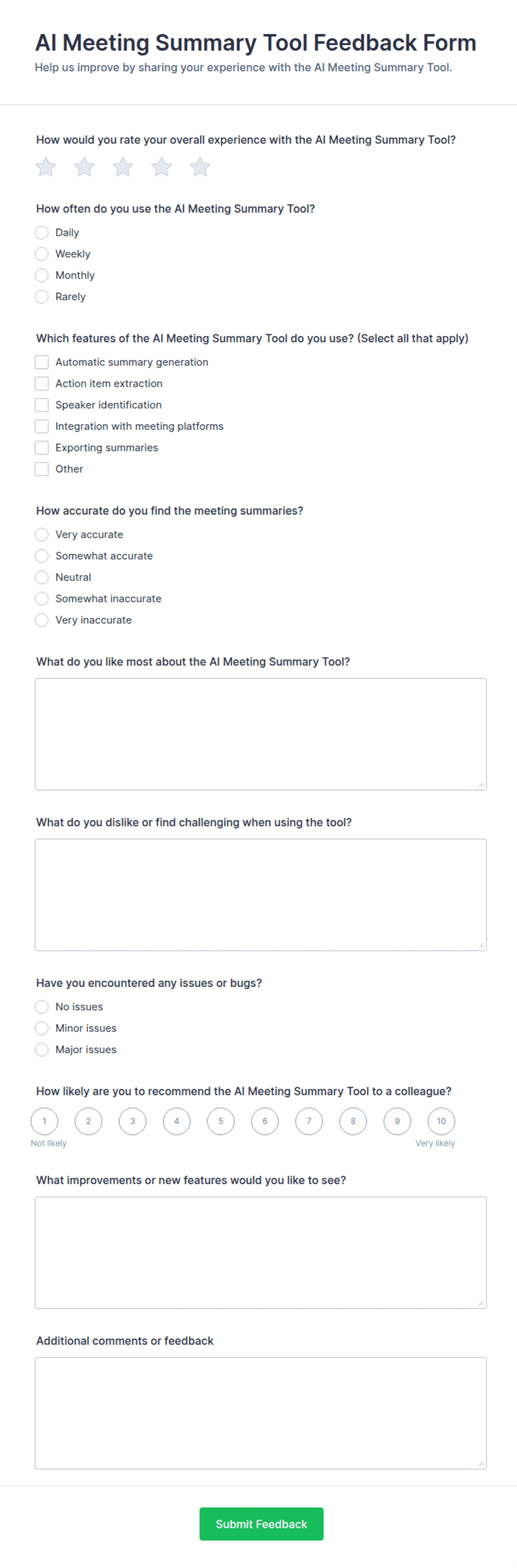 AI Meeting Summary Tool Feedback Form Template | Jotform