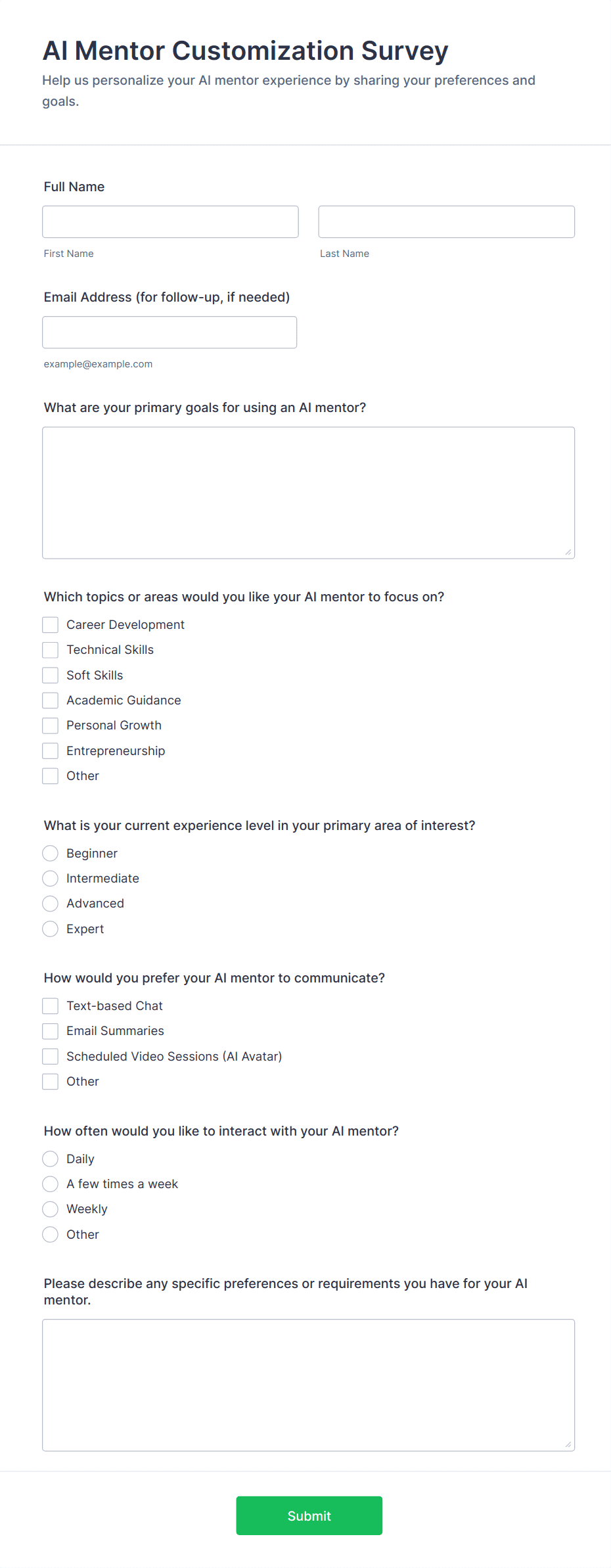 AI Mentor Customization Survey Form Template | Jotform