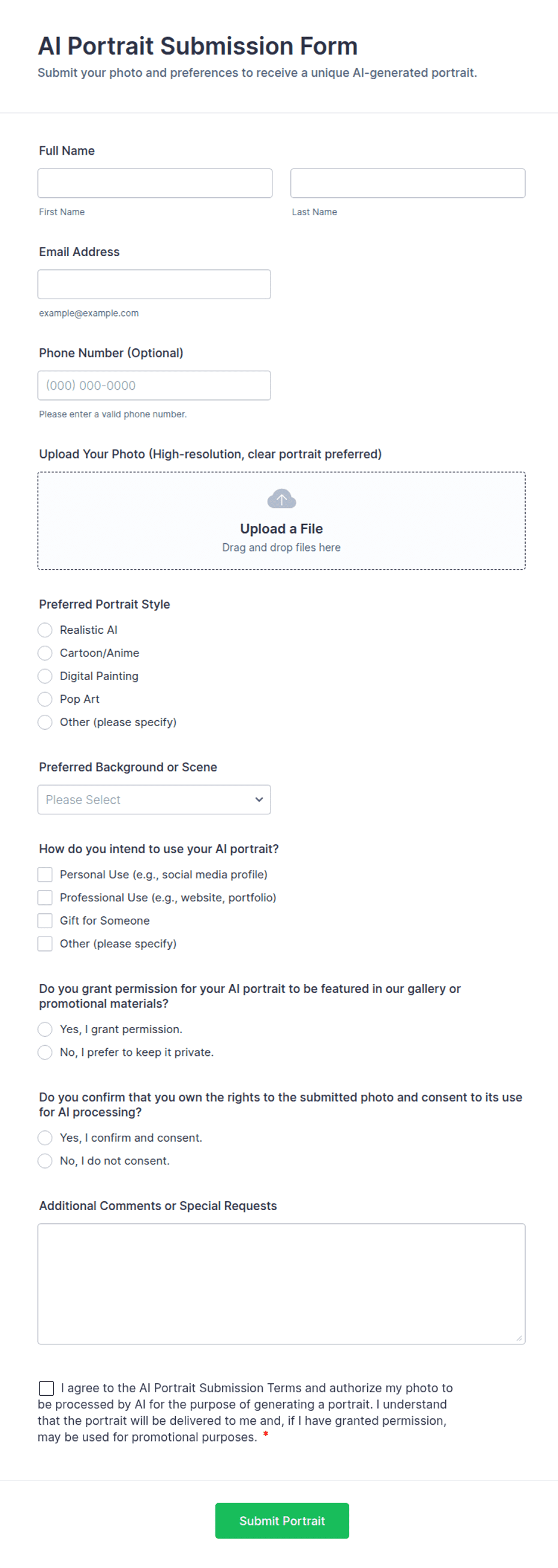 AI Portrait Submission Form Template | Jotform