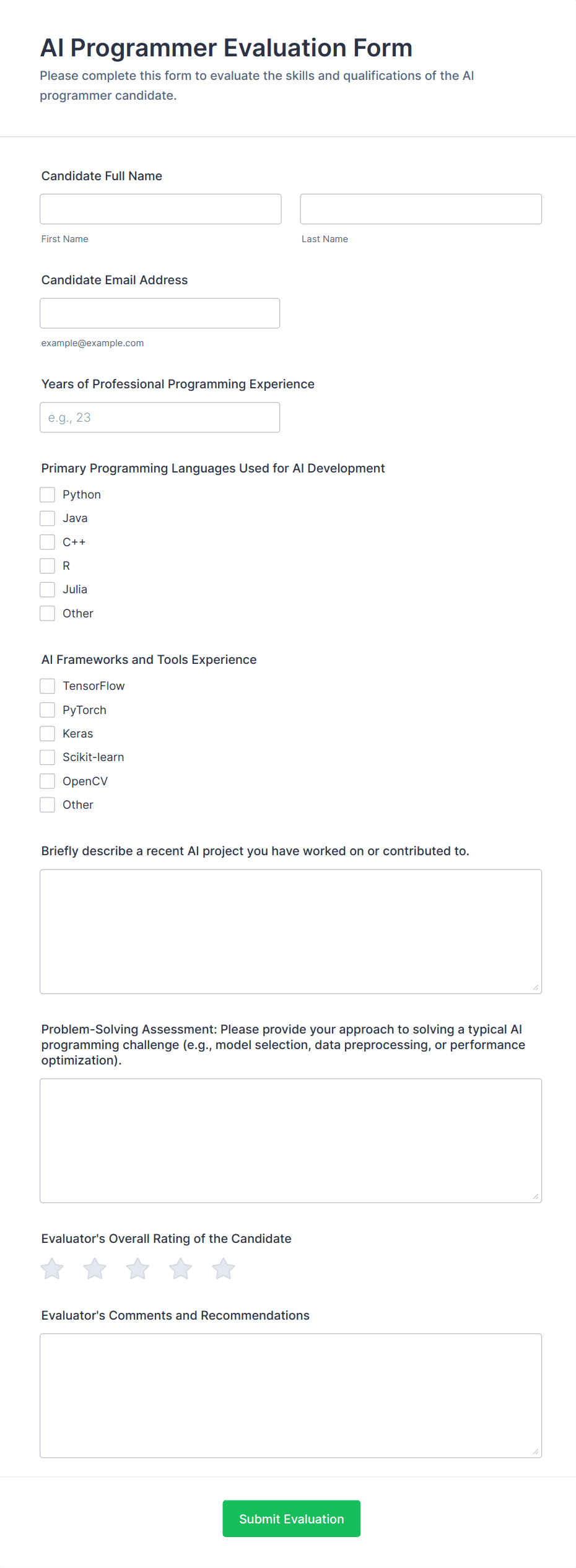 AI Programmer Evaluation Form Template | Jotform