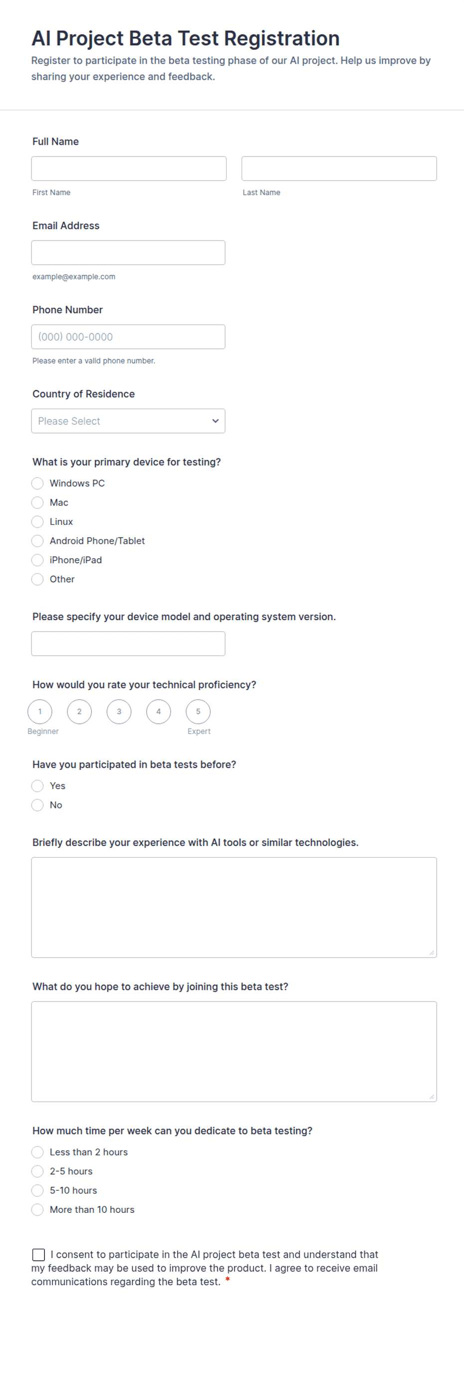 AI Project Beta Test Registration Form Template | Jotform