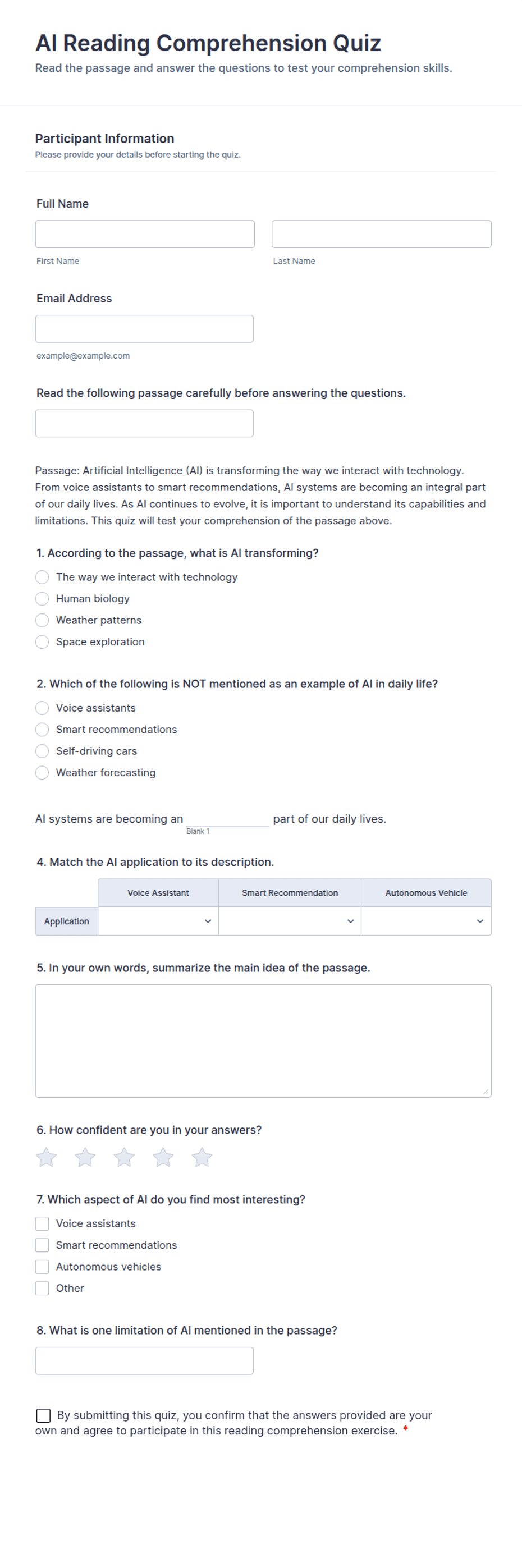 AI Reading Comprehension Quiz Form Template | Jotform