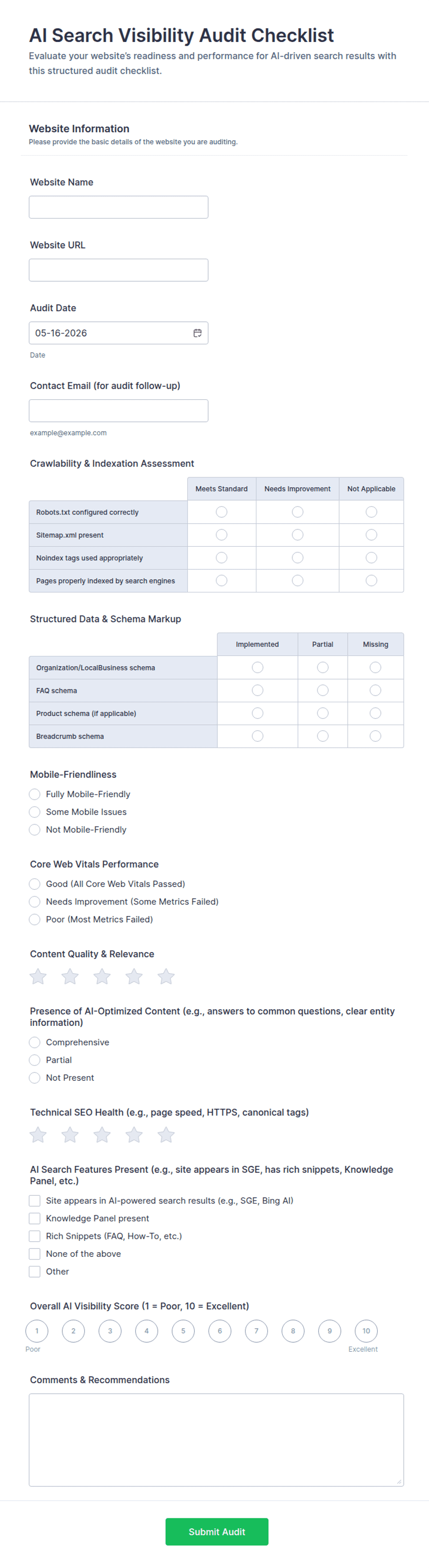 AI Search Visibility Audit Checklist Form Template | Jotform