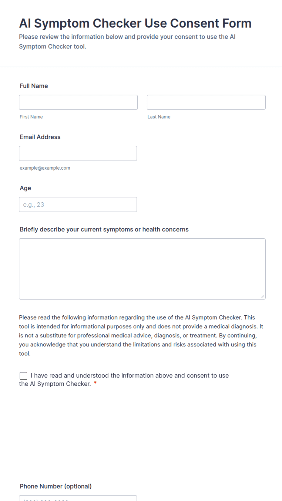 AI Symptom Checker Use Consent Form Template | Jotform