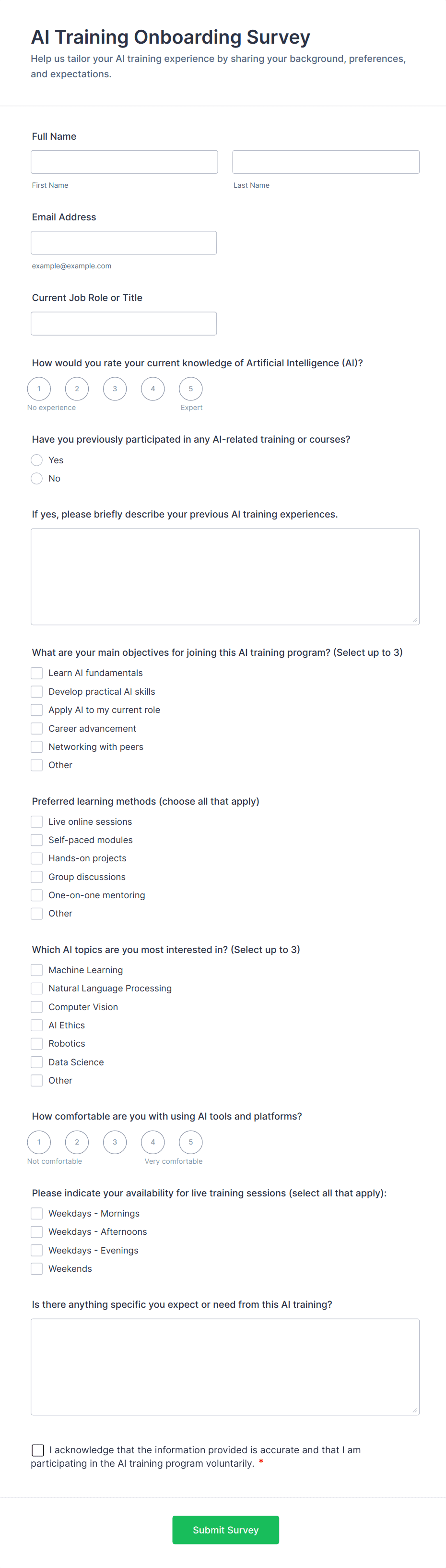 AI Training Onboarding Survey Form Template | Jotform