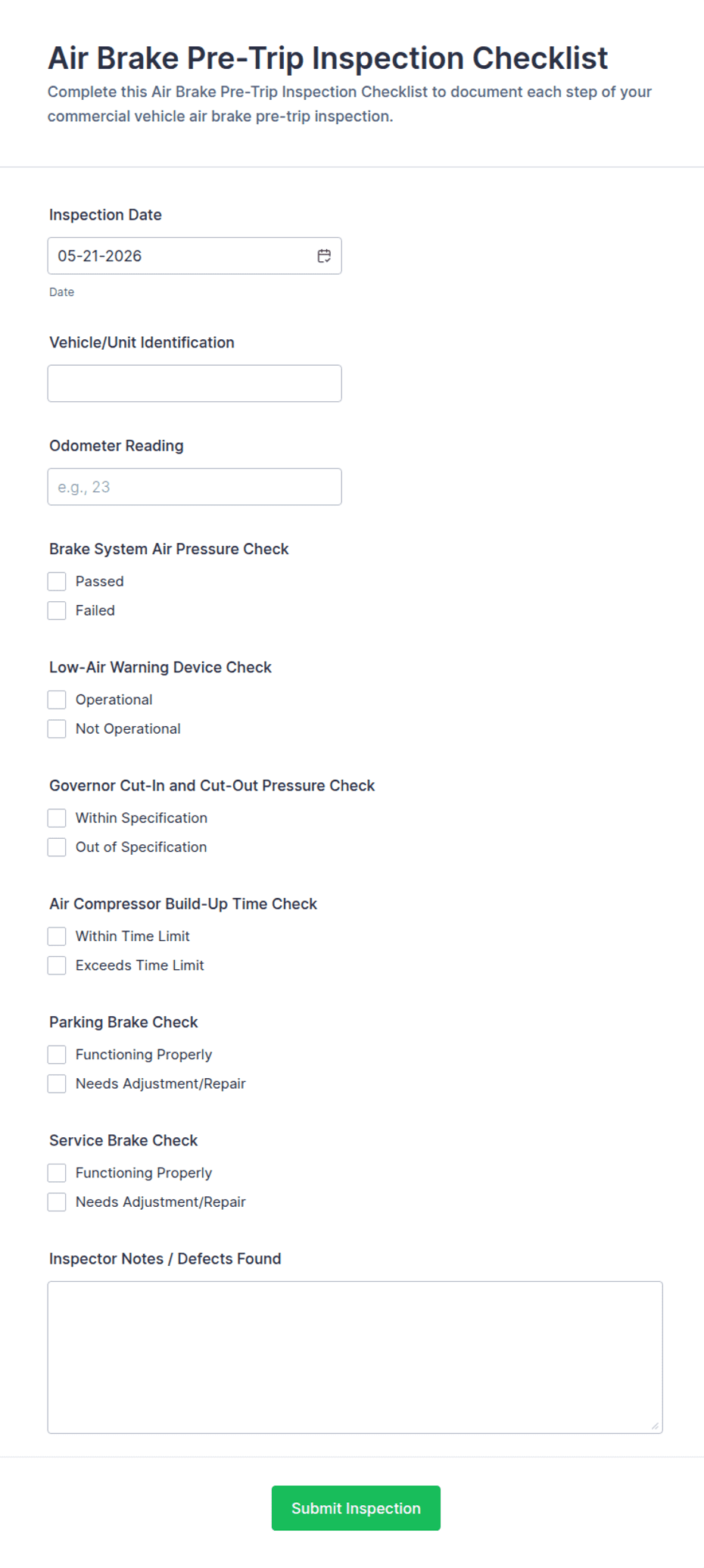 Air Brake Pre-Trip Inspection Checklist Form Template | Jotform