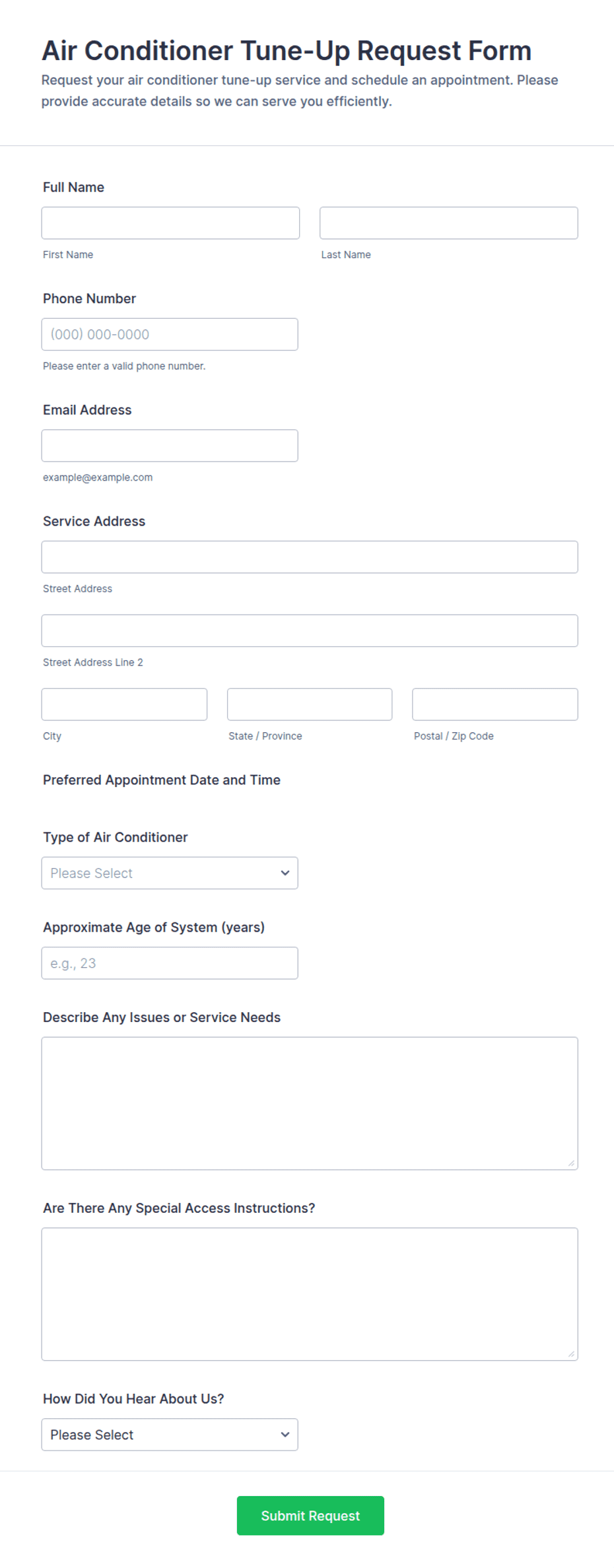 Air Conditioner Tune-Up Request Form Template | Jotform