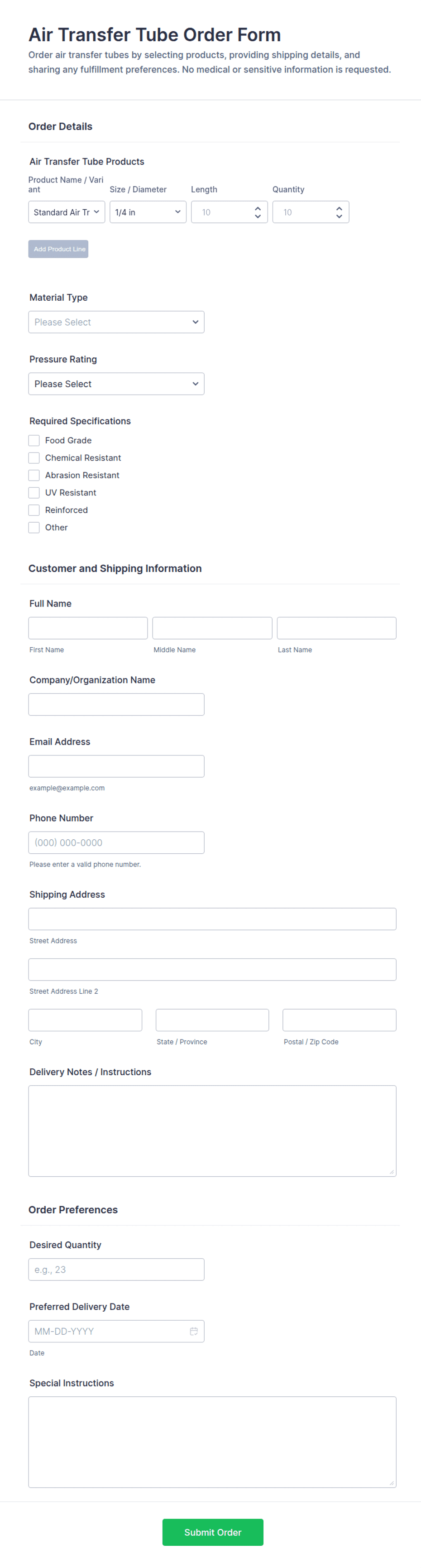 Air Transfer Tube Order Form Template | Jotform
