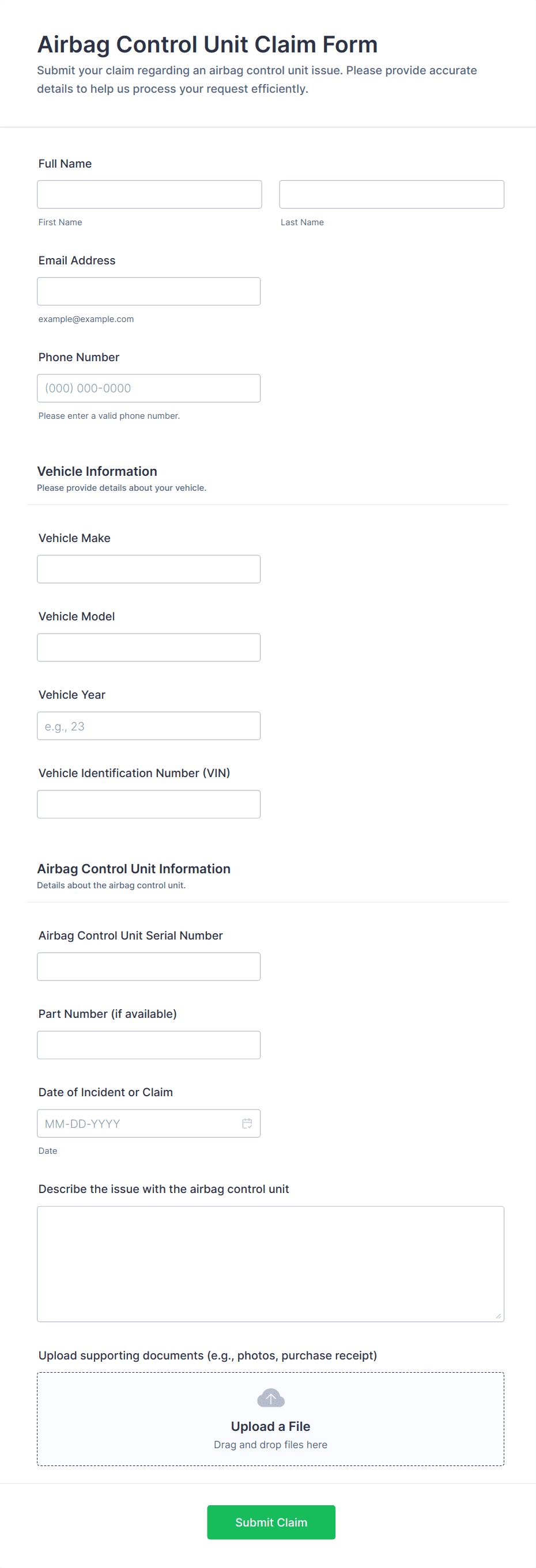 Airbag Control Unit Claim Form Template | Jotform
