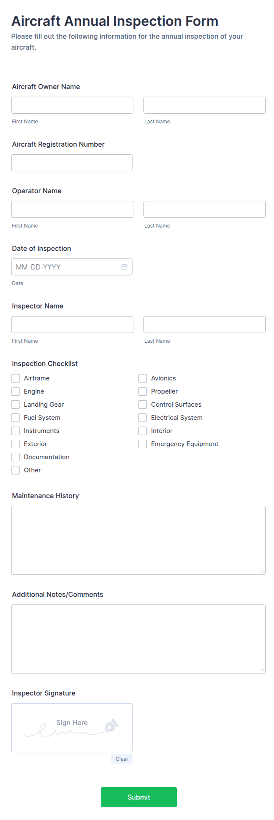 Aircraft Annual Inspection Form Template | Jotform