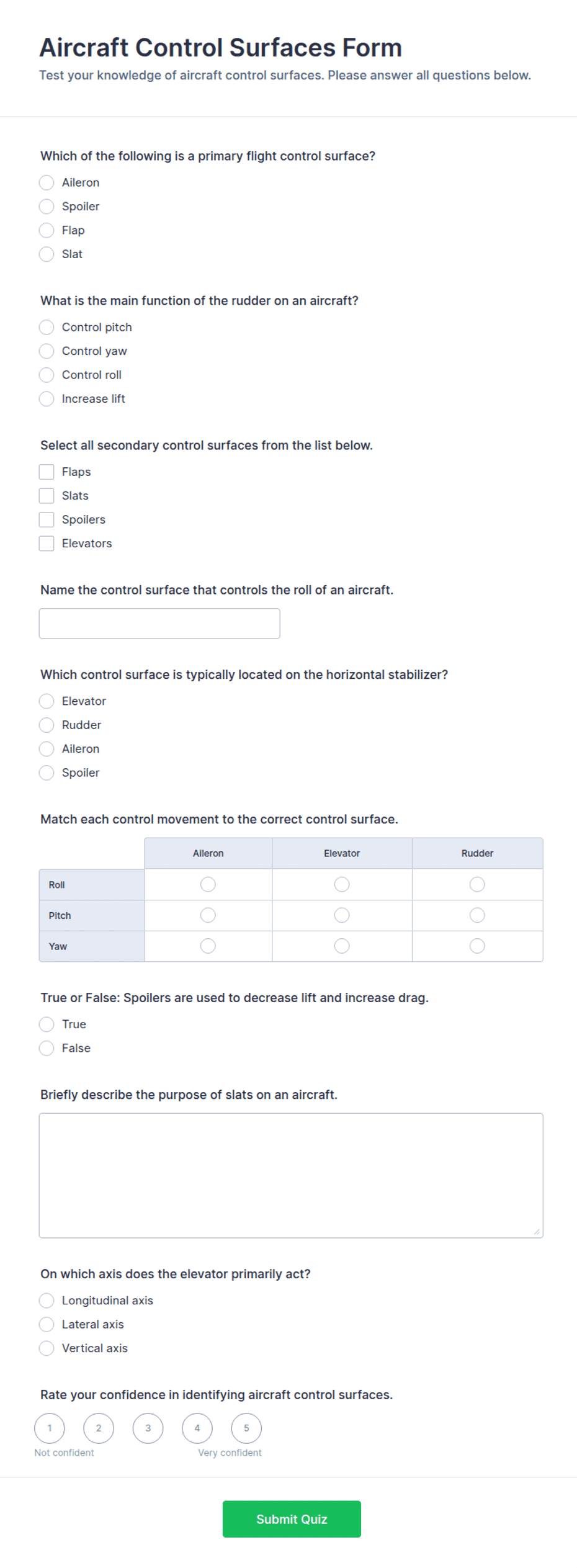 Aircraft Control Surfaces Quiz Form Template | Jotform