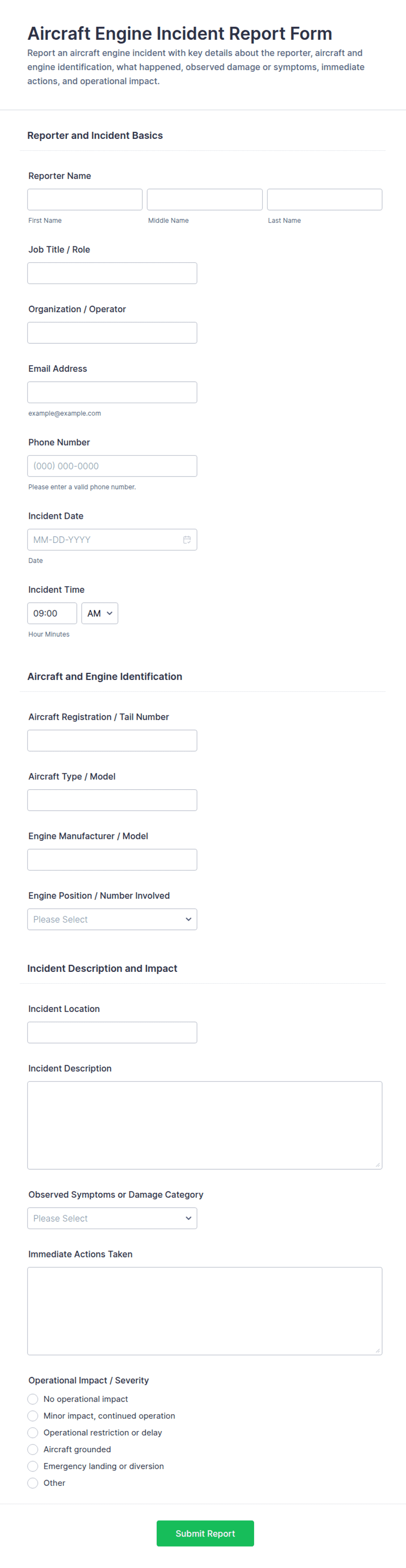 Aircraft Engine Incident Report Form Template | Jotform