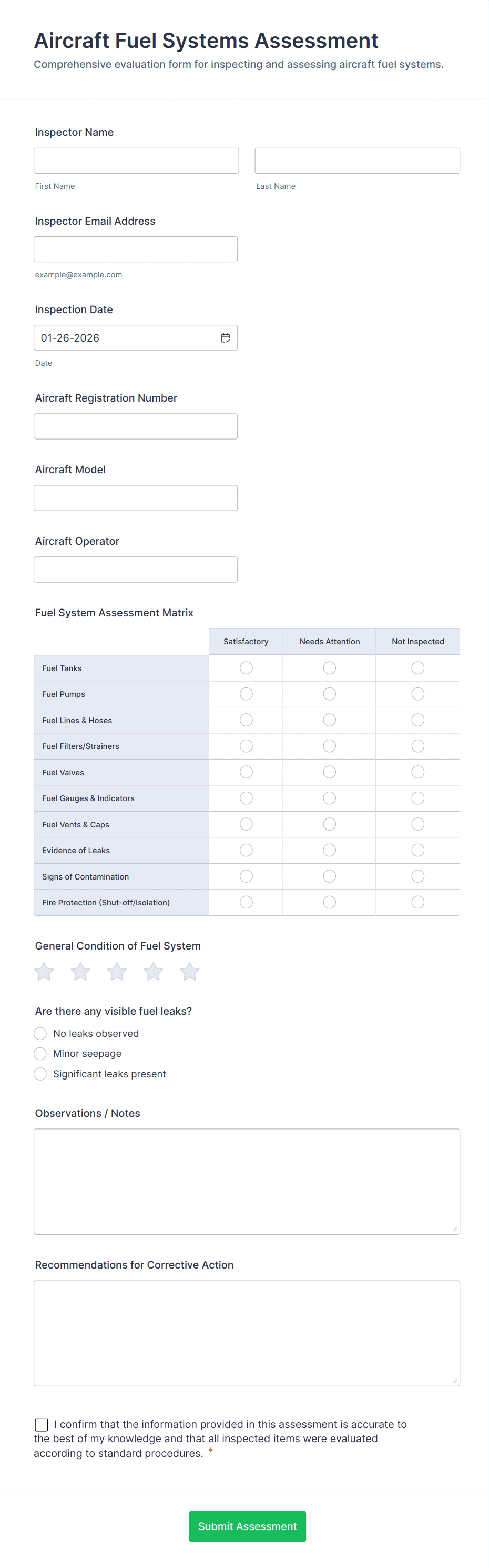 Aircraft Fuel Systems Assessment Form Template | Jotform
