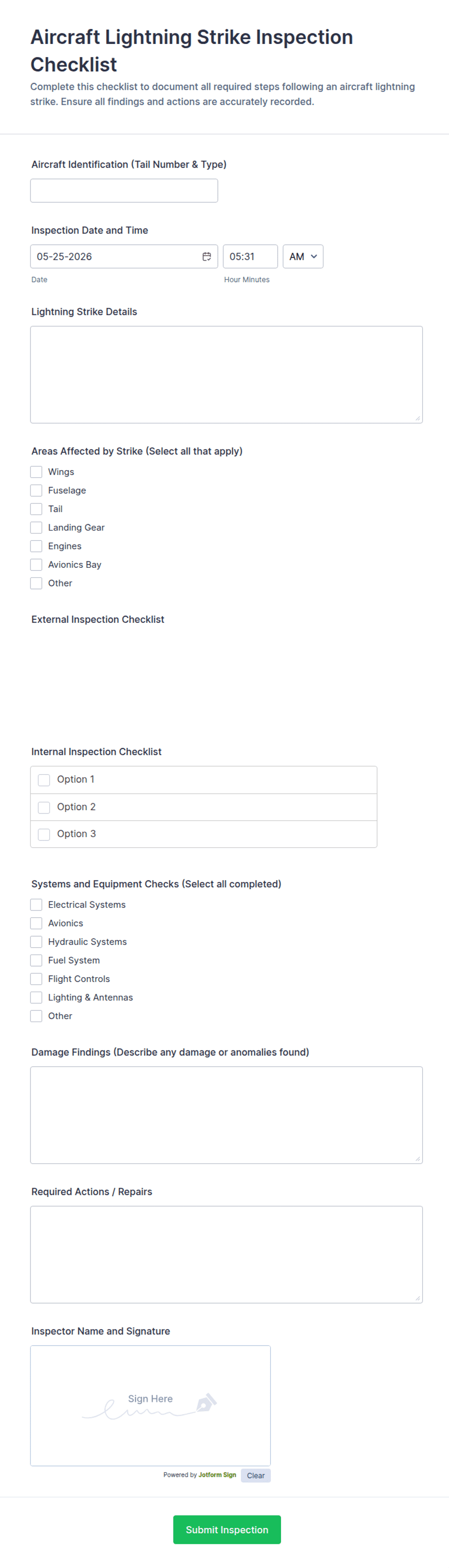 Aircraft Lightning Strike Inspection Checklist Form Template | Jotform