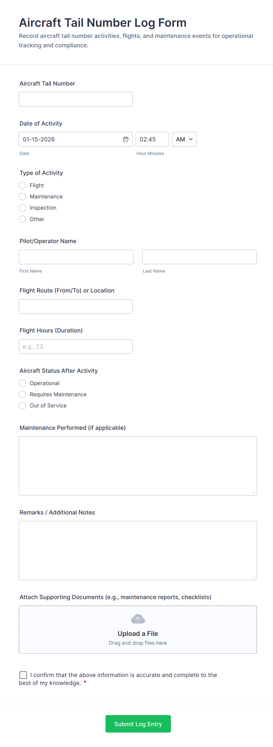Aircraft Tail Number Log Form Template | Jotform