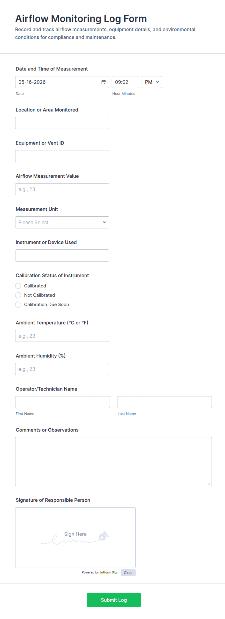 Airflow Monitoring Log Form Template | Jotform