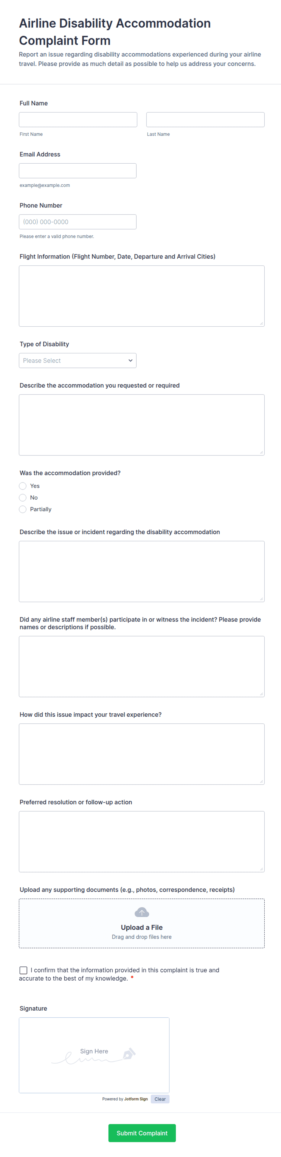 Airline Disability Accommodation Complaint Form Template | Jotform