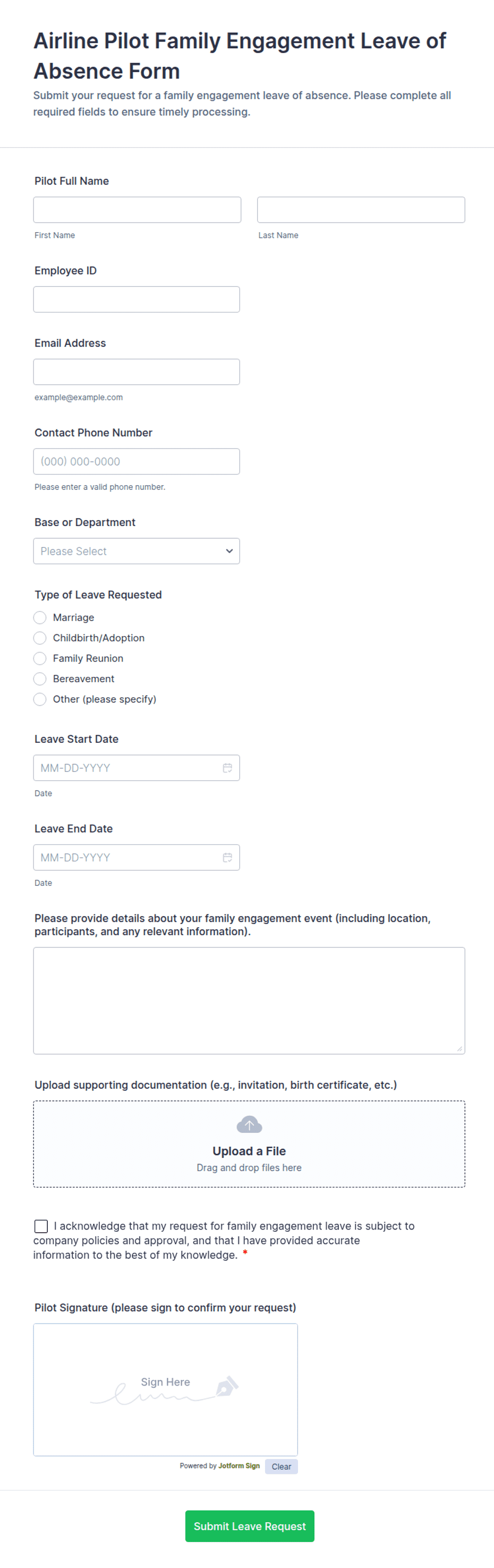 Airline Pilot Family Engagement Leave of Absence Form Template | Jotform