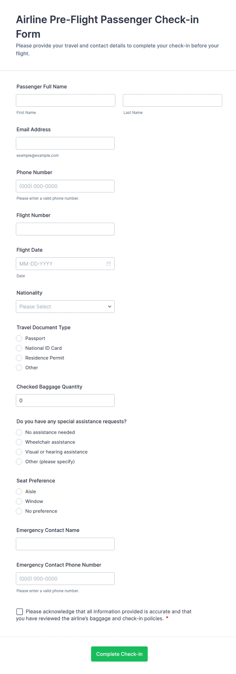 Airline Pre-Flight Passenger Check-in Form Template | Jotform