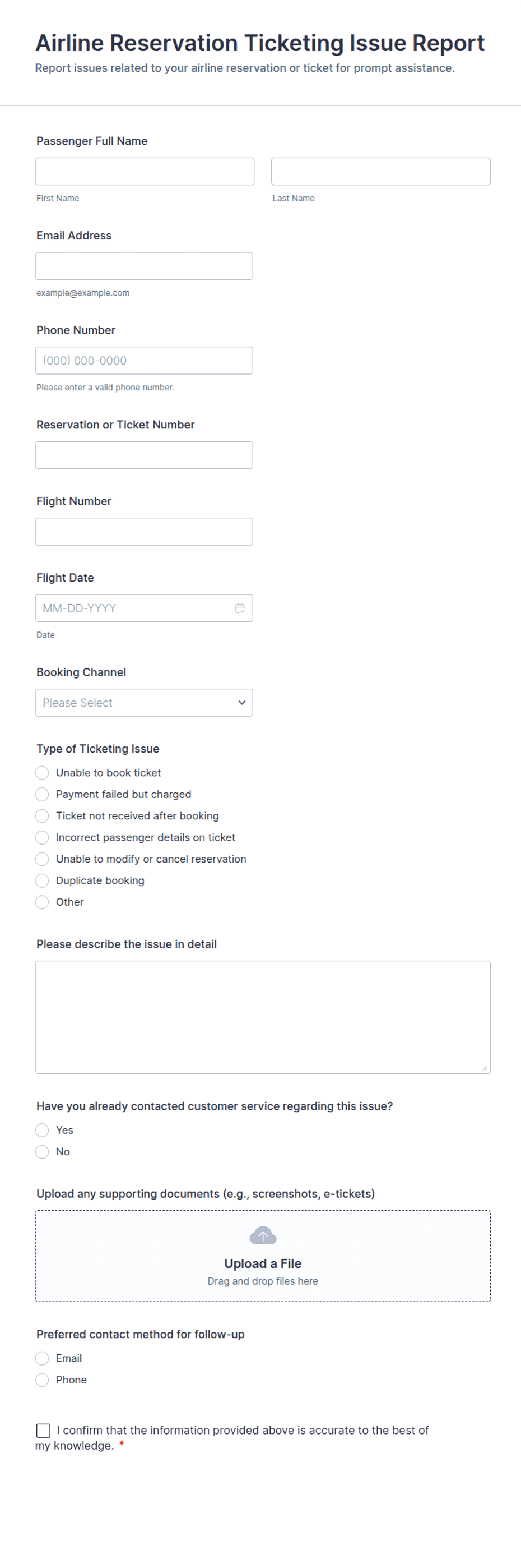 Airline Reservation Ticketing Issue Report Form Template | Jotform