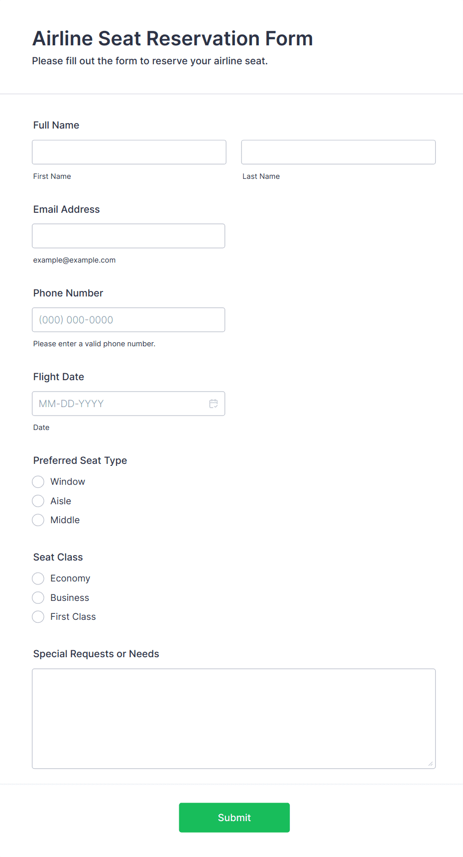 Airline Seat Reservation Form Template | Jotform