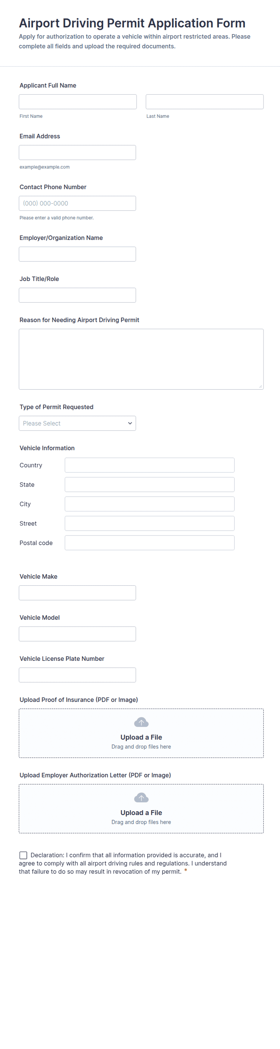 Airport Driving Permit Application Form Template | Jotform