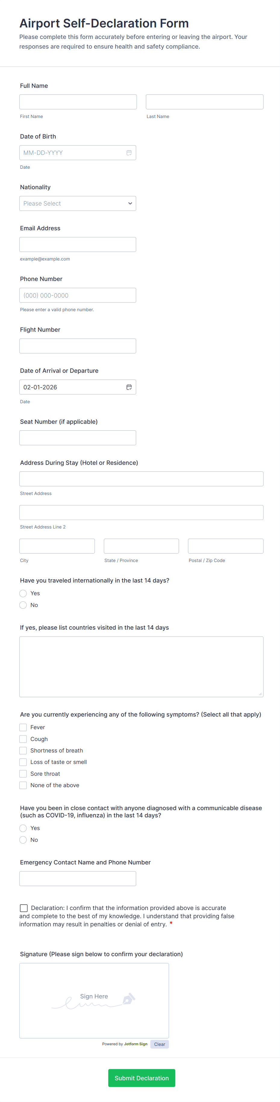 Airport Self-Declaration Form Template | Jotform
