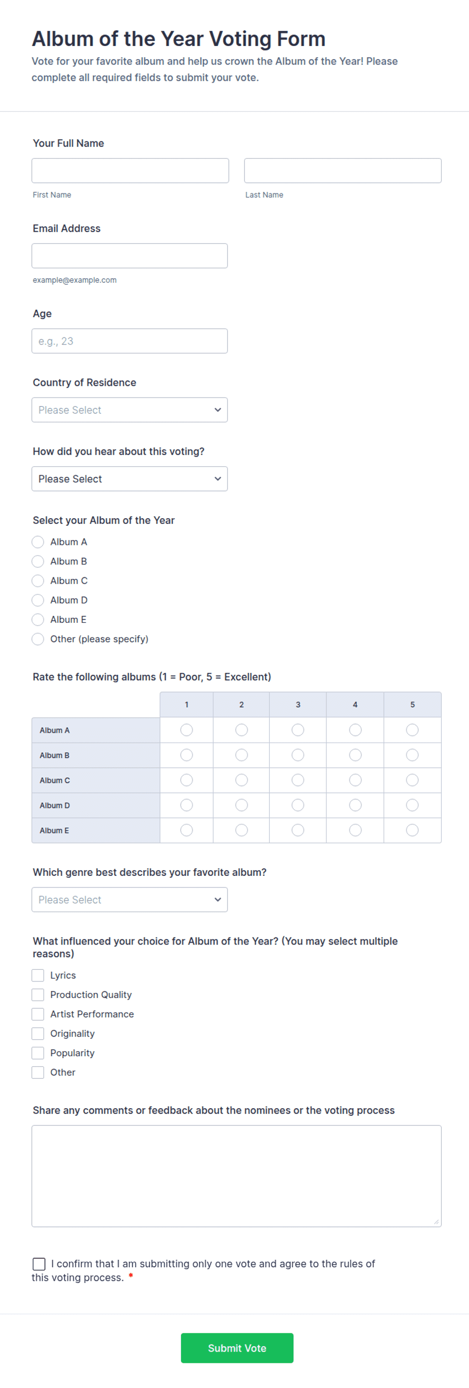 Album of the Year Voting Form Template | Jotform