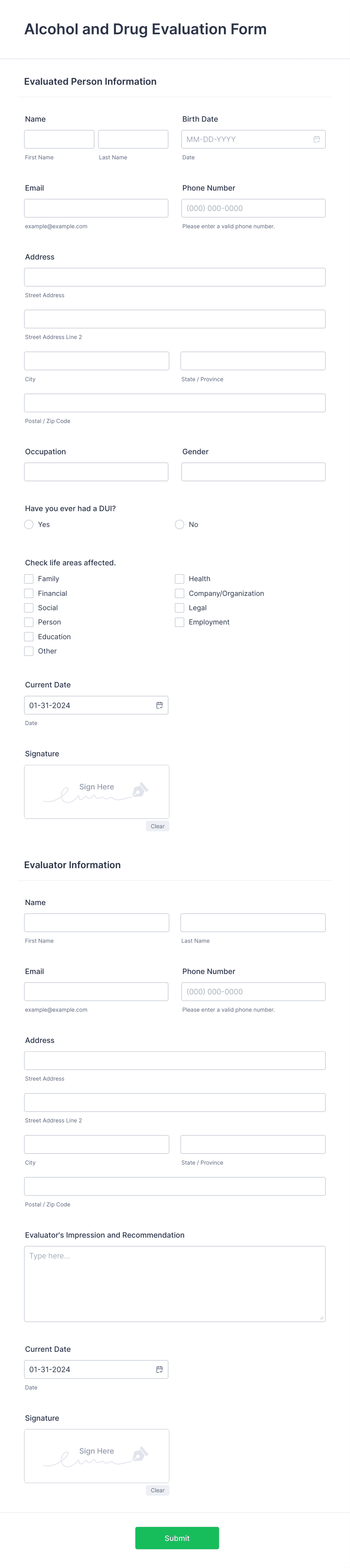 Alcohol and Drug Evaluation Form Template | Jotform