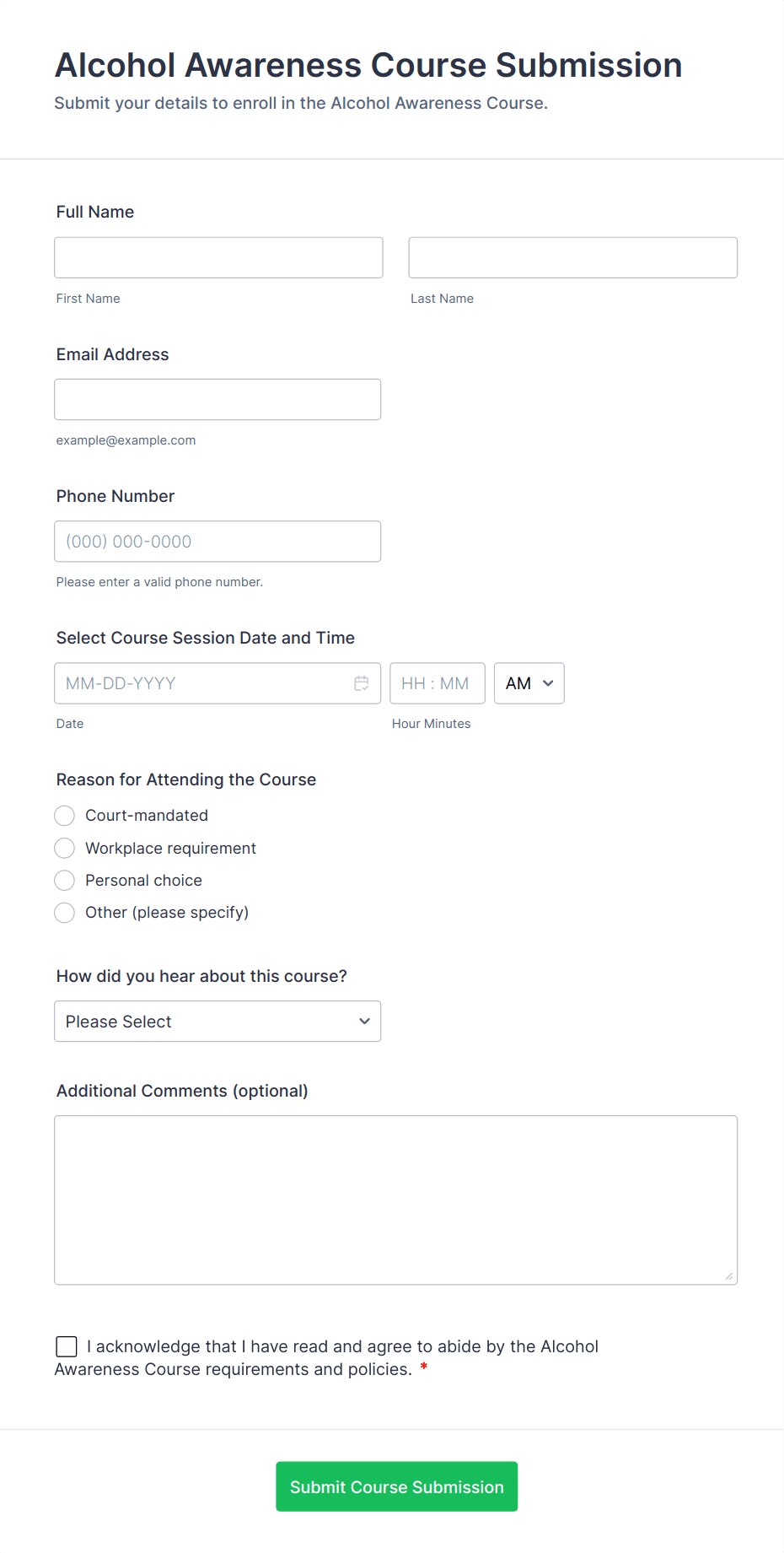 Alcohol Awareness Course Submission Form Template | Jotform