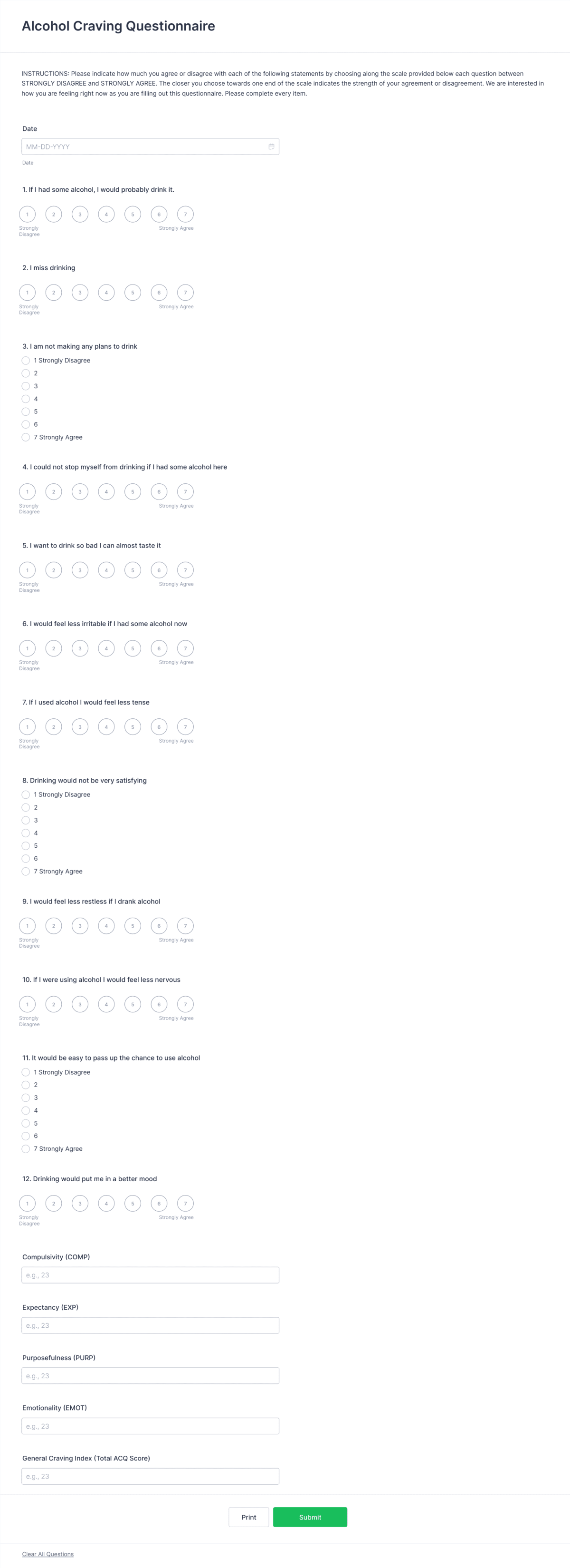 Alcohol Craving Questionnaire Form Template | Jotform