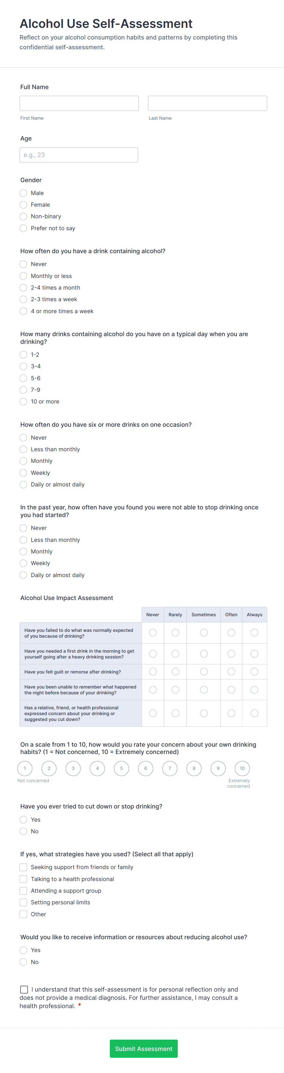 Alcohol Use Self-Assessment Form Template | Jotform
