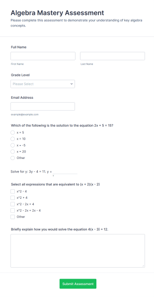 Algebra Mastery Assessment Form Template | Jotform