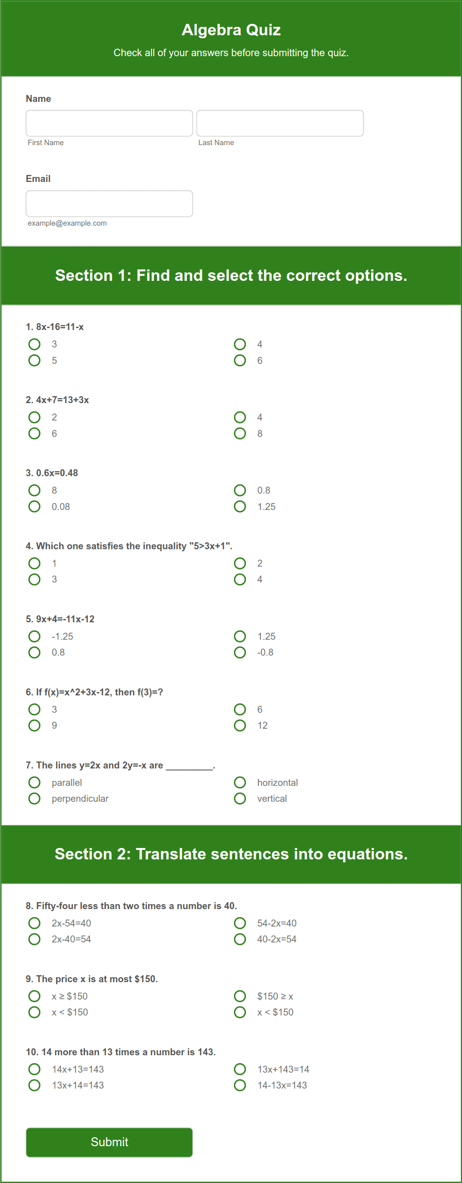 Algebra Quiz Form Template | Jotform